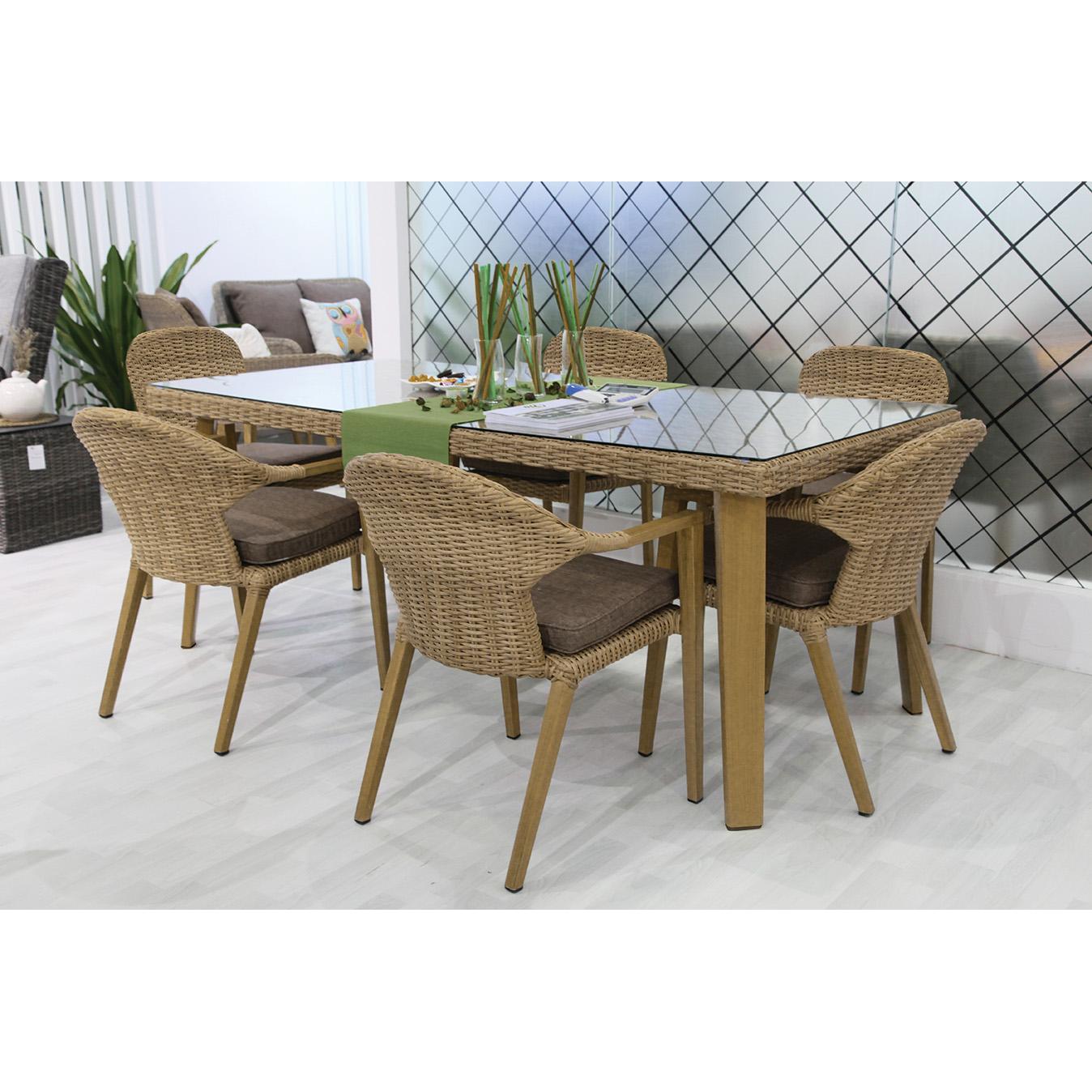 Τραπεζαρία Μπεζ Rattan σετ 13 τεμ. Τραπέζι + 6 πολυθρόνες + 6 μαξιλάρια